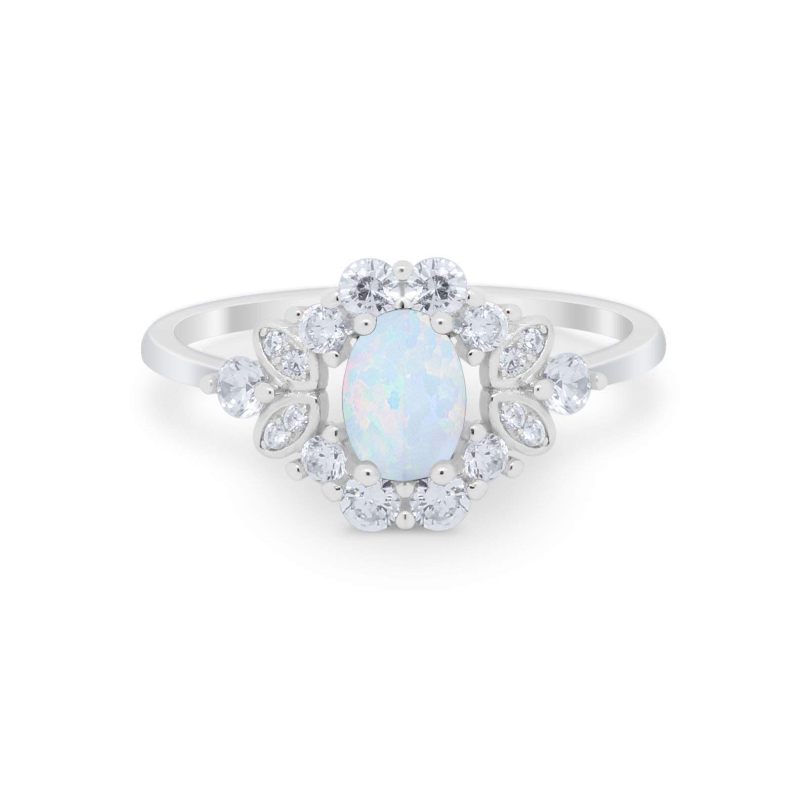 Blue Apple Co. Lab Created White Opal Size-8 Art Deco Oval Wedding Engagement Ring Vintage Round Simulated Cubic Zirconia 925 Sterling Silver