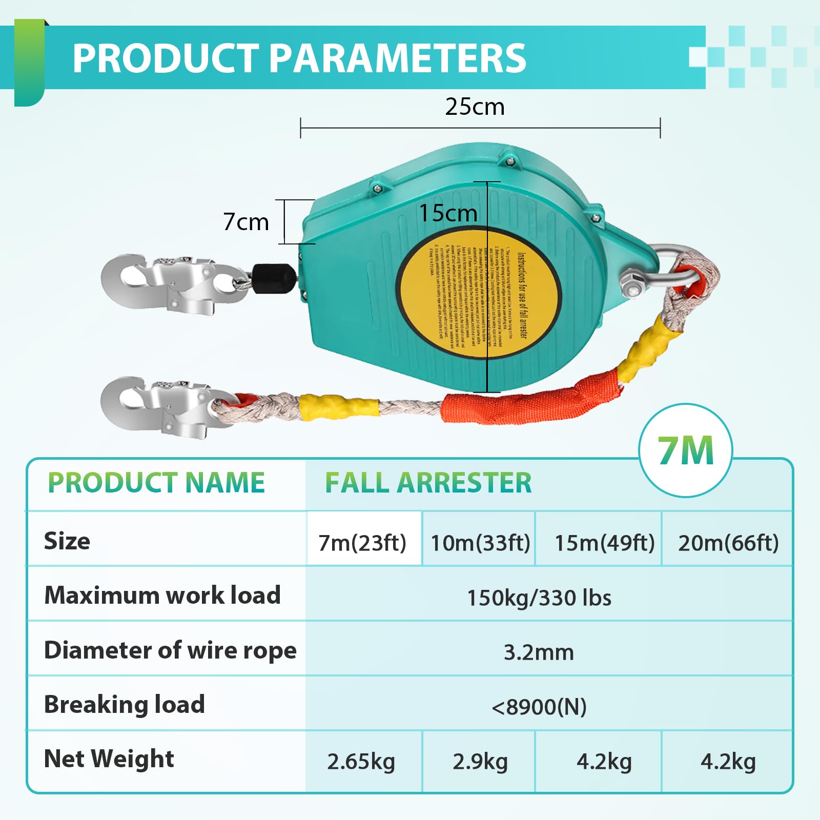 YJINGRUI Self Retracting Lifeline 330lbs Fall Arrester Fall Protection with Alloy Steel Hook & Steel Wire Rope 23ft (7m)