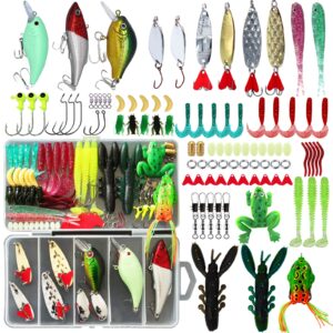 lasocuhoo fishing lures kit, (94pcs) spoon lures, soft plastic worms, frog lures, bait tackle kit for bass, trout, salmon for freshwater and saltwater