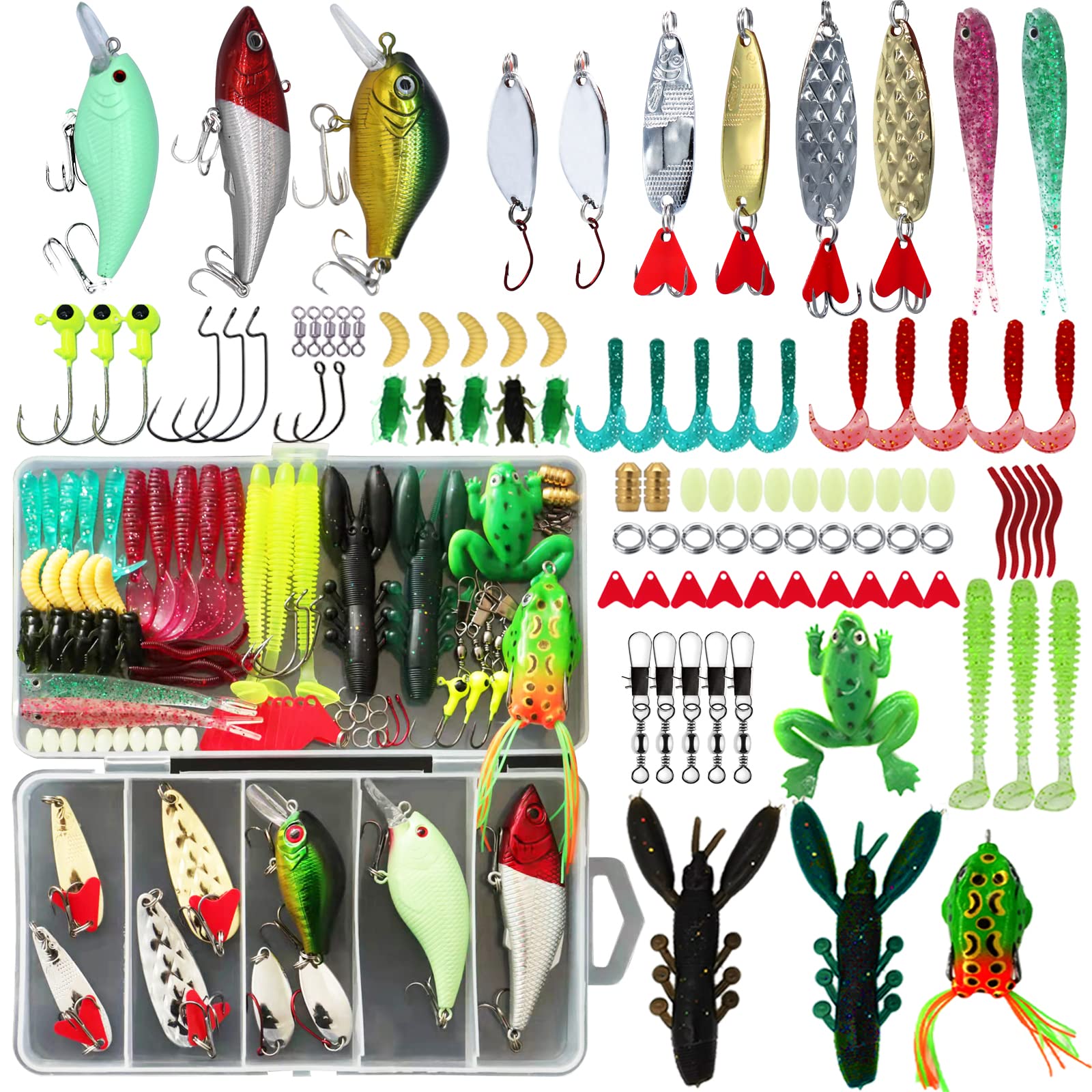 LASOCUHOO Fishing Lures Kit, (94Pcs) Spoon Lures, Soft Plastic Worms, Frog Lures, Bait Tackle Kit for Bass, Trout, Salmon for Freshwater and Saltwater