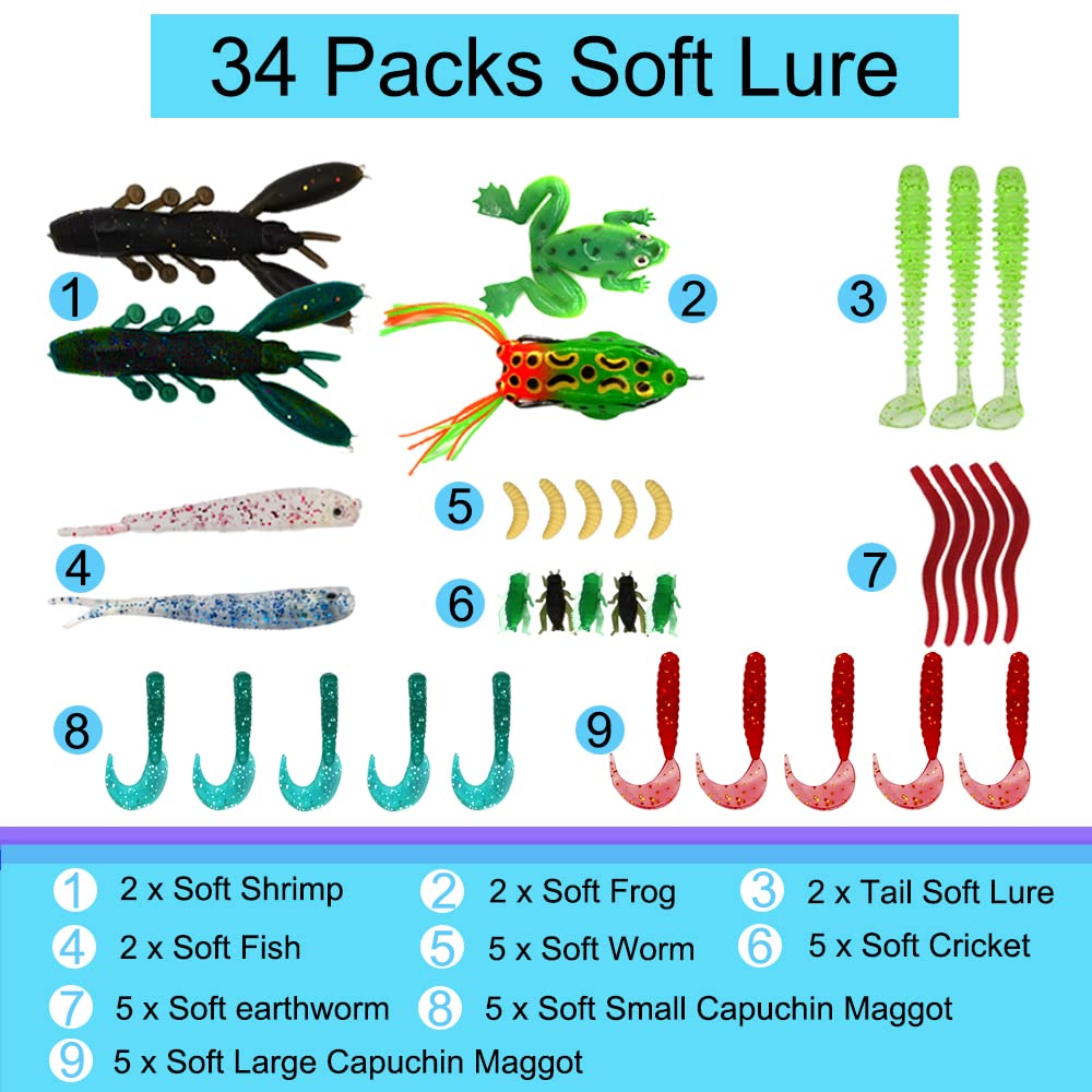 LASOCUHOO Fishing Lures Kit, (94Pcs) Spoon Lures, Soft Plastic Worms, Frog Lures, Bait Tackle Kit for Bass, Trout, Salmon for Freshwater and Saltwater