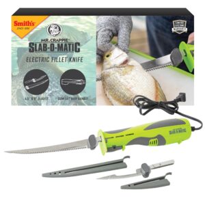 smith’s mr. crappie slab-o-matic electric fillet knife - removable 8” & 4.5” serrated stainless steel blades w/ sheaths - fillet glove & mesh storage bag - fishing, outdoor, hunting electric knife