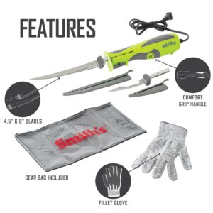 Smith’s Mr. Crappie Slab-O-Matic Electric Fillet Knife - Removable 8” & 4.5” Serrated Stainless Steel Blades w/ Sheaths - Fillet Glove & Mesh Storage Bag - Fishing, Outdoor, Hunting Electric Knife