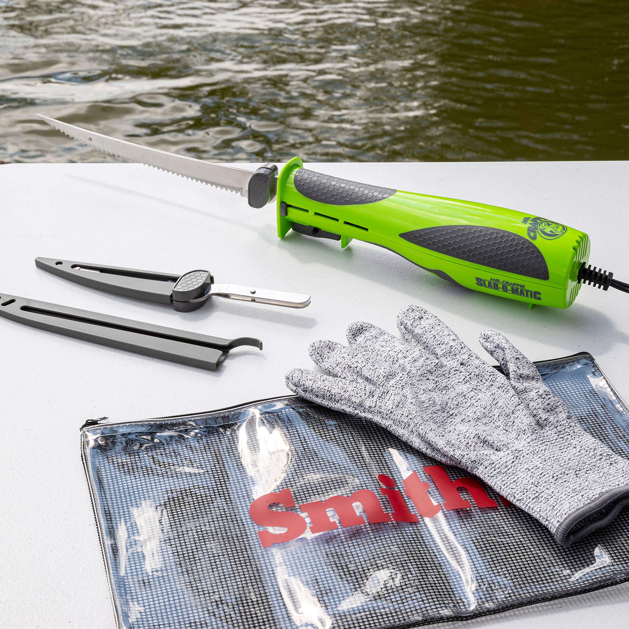 Smith’s Mr. Crappie Slab-O-Matic Electric Fillet Knife - Removable 8” & 4.5” Serrated Stainless Steel Blades w/ Sheaths - Fillet Glove & Mesh Storage Bag - Fishing, Outdoor, Hunting Electric Knife