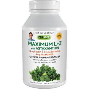 andrew lessman maximum l+z with astaxanthin 120 softgels – 12mg lutein, 6mg zeaxanthin, 4mg astaxanthin. key nutrients to support eye and brain health, and promote healthy vision.