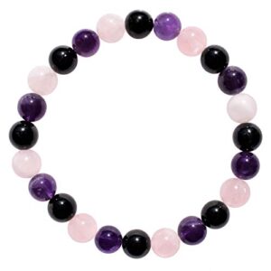 zenergy gems charged natural amethyst, black tourmaline, & rose quartz crystal 8mm bead bracelet + selenite charging heart [included]