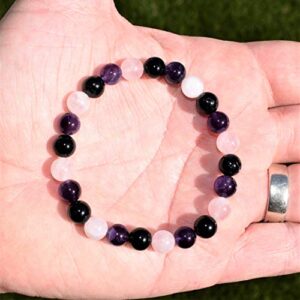 Zenergy Gems Charged Natural Amethyst, Black Tourmaline, & Rose Quartz Crystal 8mm Bead Bracelet + Selenite Charging Heart [Included]