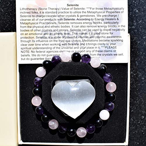 Zenergy Gems Charged Natural Amethyst, Black Tourmaline, & Rose Quartz Crystal 8mm Bead Bracelet + Selenite Charging Heart [Included]