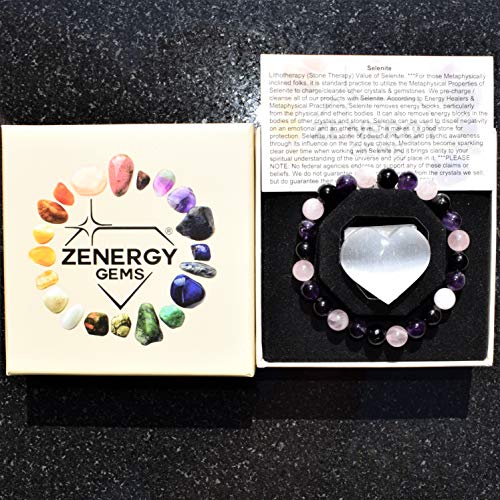 Zenergy Gems Charged Natural Amethyst, Black Tourmaline, & Rose Quartz Crystal 8mm Bead Bracelet + Selenite Charging Heart [Included]