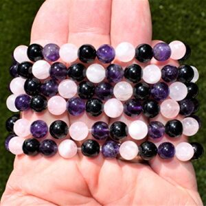 Zenergy Gems Charged Natural Amethyst, Black Tourmaline, & Rose Quartz Crystal 8mm Bead Bracelet + Selenite Charging Heart [Included]