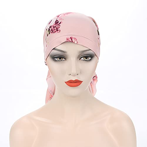 Fxhixiy Pre-Tied Bandana Turban Hat Chemo Cancer Headscarf Headwraps Headwear for Women Hair Cover Hat (Pink Flower)