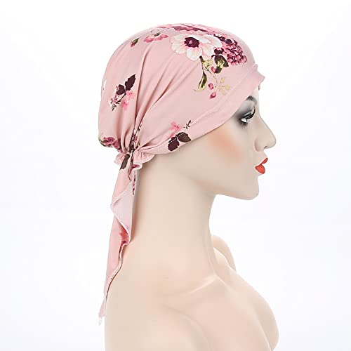 Fxhixiy Pre-Tied Bandana Turban Hat Chemo Cancer Headscarf Headwraps Headwear for Women Hair Cover Hat (Pink Flower)