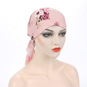 Fxhixiy Pre-Tied Bandana Turban Hat Chemo Cancer Headscarf Headwraps Headwear for Women Hair Cover Hat (Pink Flower)