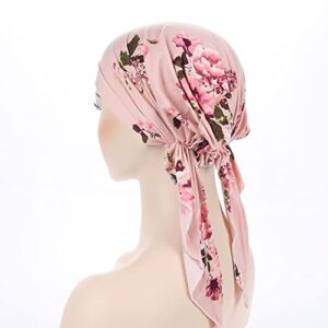 Fxhixiy Pre-Tied Bandana Turban Hat Chemo Cancer Headscarf Headwraps Headwear for Women Hair Cover Hat (Pink Flower)