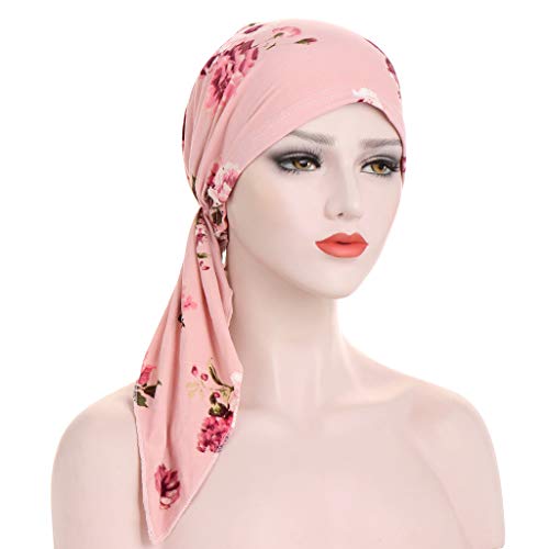 Fxhixiy Pre-Tied Bandana Turban Hat Chemo Cancer Headscarf Headwraps Headwear for Women Hair Cover Hat (Pink Flower)