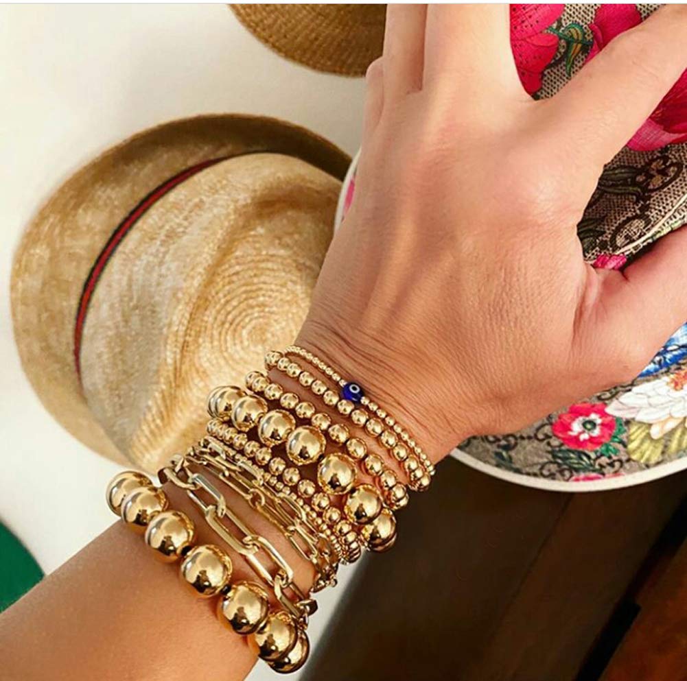 FUNOJOY Gold Plated Beaded Bracelets for Women Fashion Beads Elastic Bracelet Beaded Stackable Bracelets Pack, Birthday, Mother's Day, Christmas Gift for Women