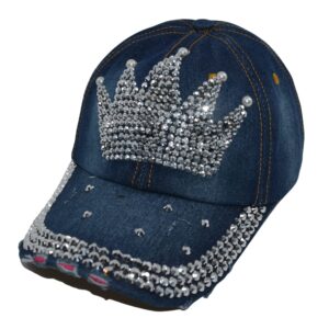 popfizzy bling crown baseball cap for women rhinestone hat, bedazzled baseball caps, distressed hat, fancy bejeweled hats, sparkle studded denim ball caps (crown)