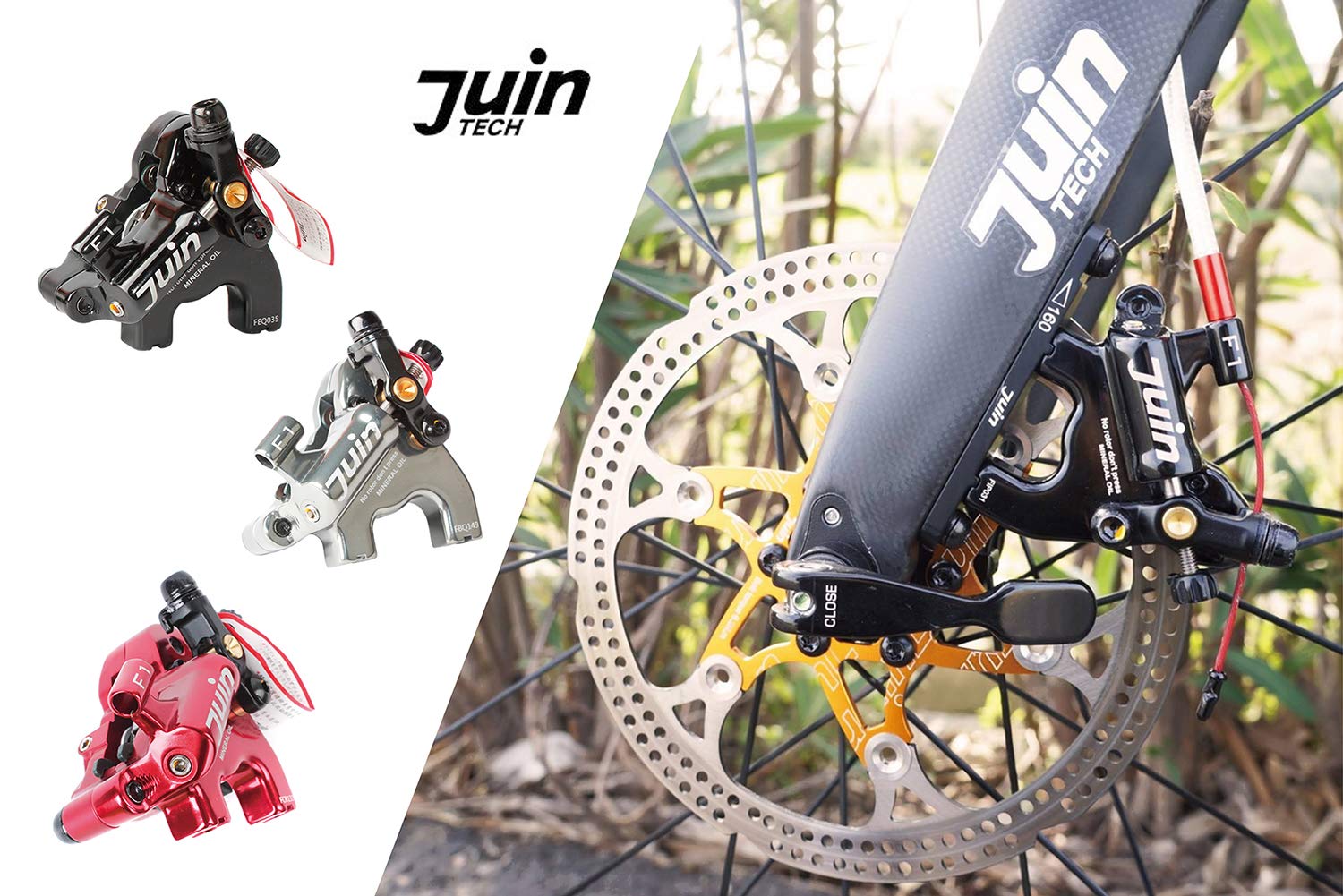 Juin Tech F1 Cable Actuated Hydraulic Bicycle Bike Disc Brake Caliper Set Extra Lightweight Hybrid Brake Set for Flat-Mount Road/Cyclocross/Gravel/E-Bike/Folding Bike use w/160mm 6" rotors (Black)