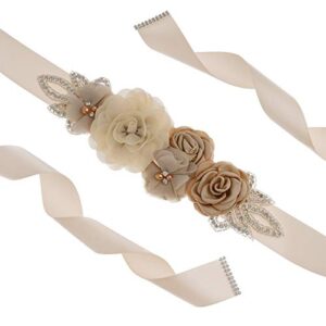 Lauthen.S Sash Belt with Flowers Pearls Rhinestone for Wedding Bride/Baby Shower Dress (One Size, Khaki)