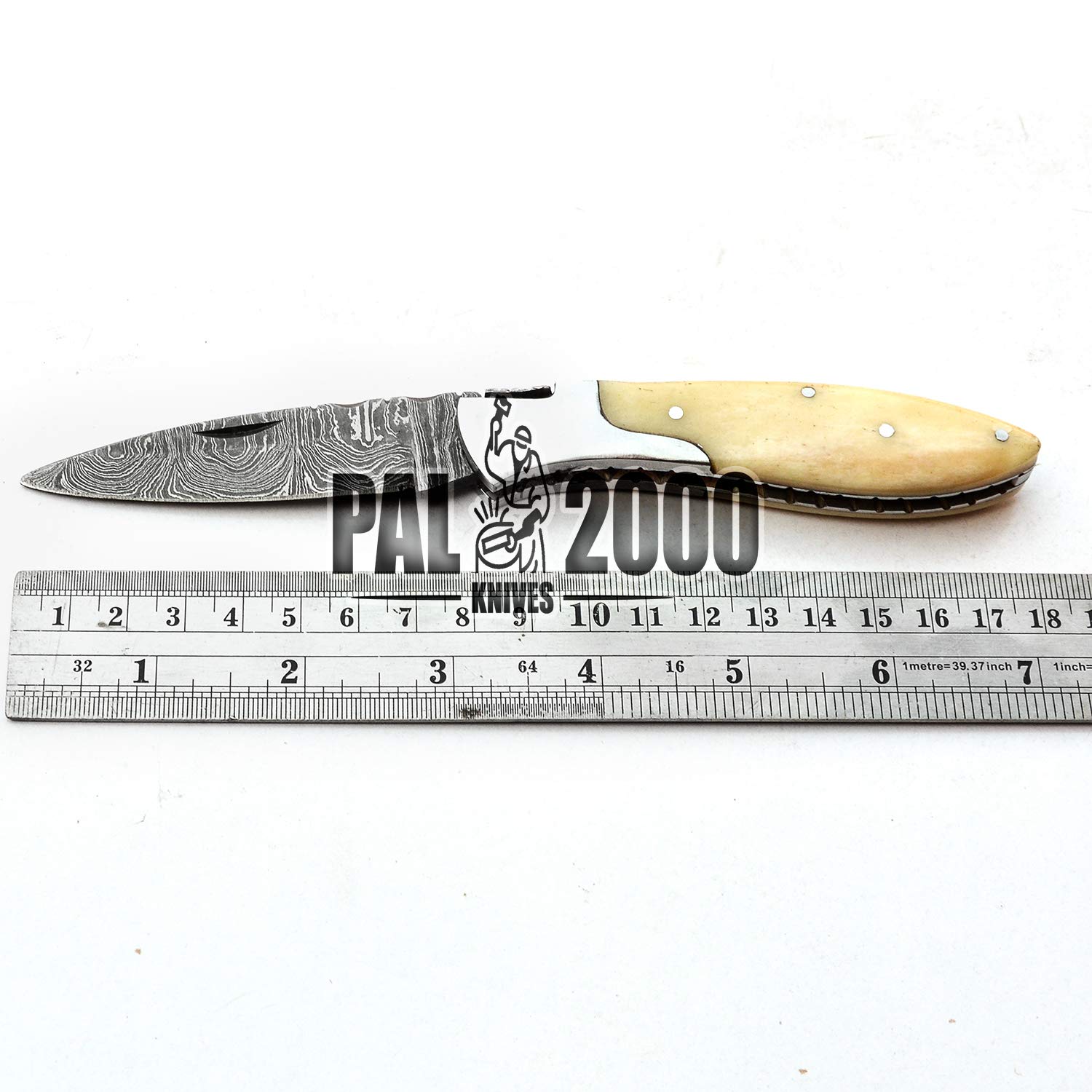 PAL 2000 HUNTING KNIVES FOL-9794 Handmade Damascus Steel Folding Pocket Knife With Leather Sheath