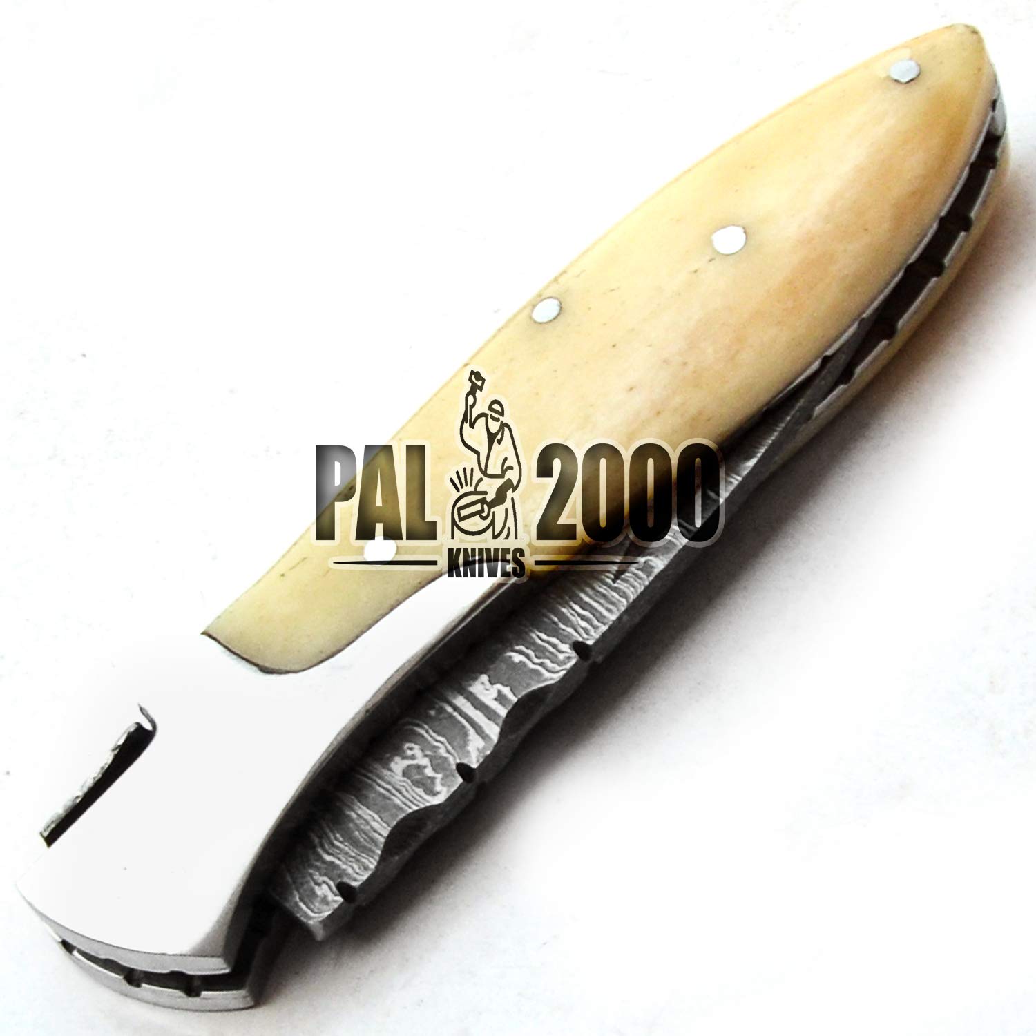 PAL 2000 HUNTING KNIVES FOL-9794 Handmade Damascus Steel Folding Pocket Knife With Leather Sheath