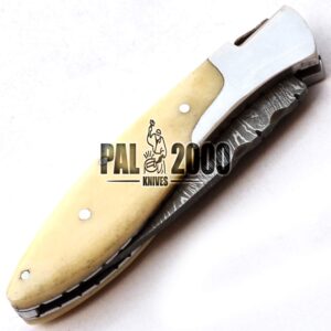 PAL 2000 HUNTING KNIVES FOL-9794 Handmade Damascus Steel Folding Pocket Knife With Leather Sheath