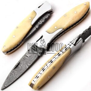 PAL 2000 HUNTING KNIVES FOL-9794 Handmade Damascus Steel Folding Pocket Knife With Leather Sheath