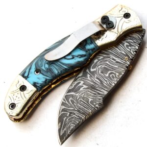 poc-9776 folding damascus steel hunting knife with pocket clip sheath