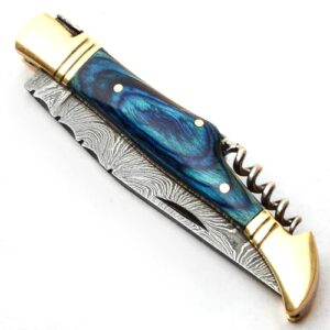 poc-9798 handmade damascus folding pocket knife with leather sheath