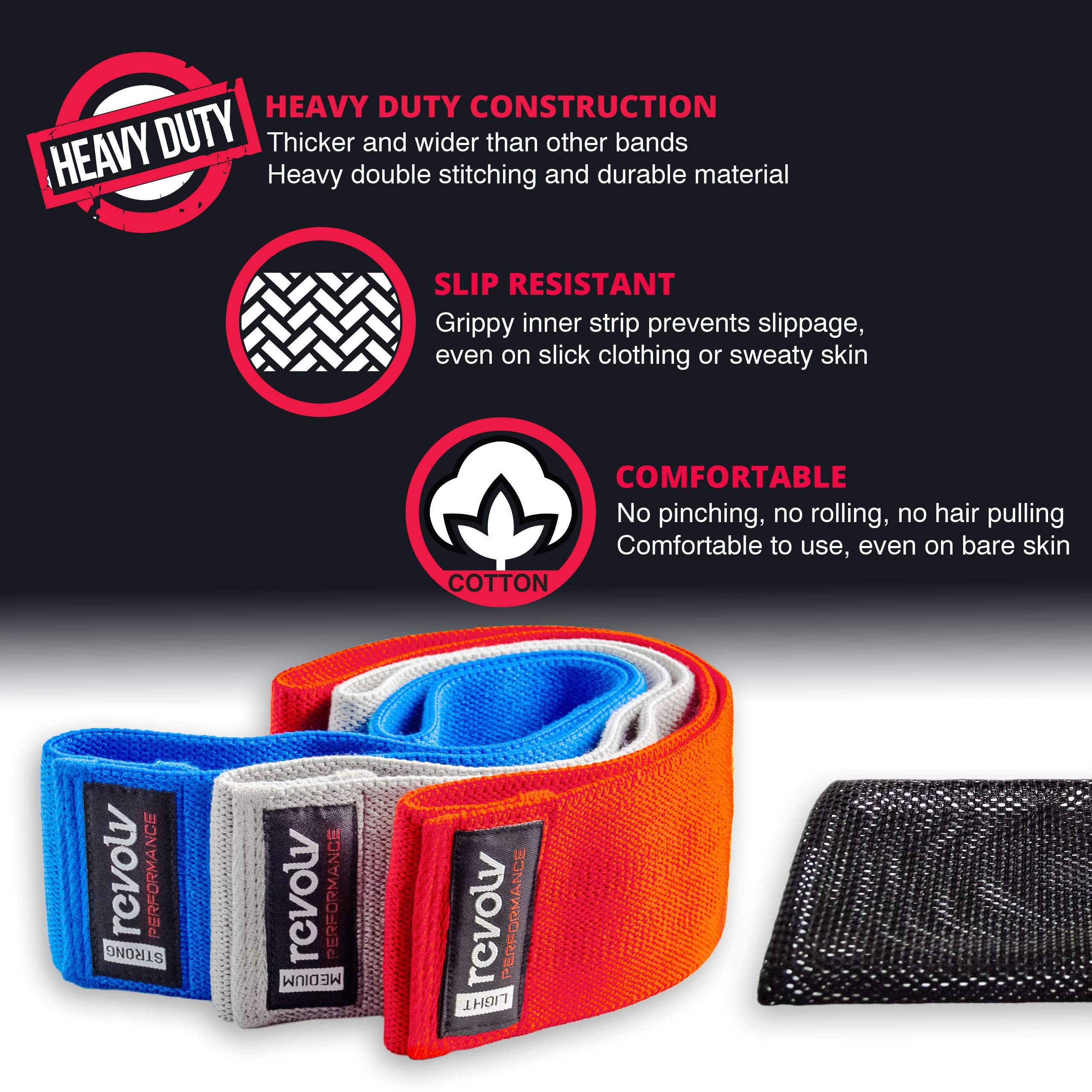 Revolv Performance Fabric Resistance Bands - Perfect for Leg, Glute, and Hip Abductor Activation Exercises, Squats and Deadlifts - Thick Heavy Duty Cloth Elastic Loop - for Men and Women (Set of 3)