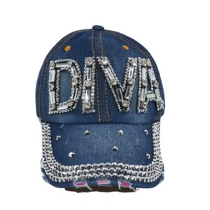 popfizzy diva hat for women, rhinestone hat with bling bling, bedazzled denim baseball hats distressed, bejeweled hats