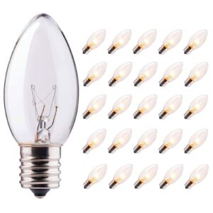 sunsgne 25 pack c9 clear replacement bulbs, c9 christmas light bulbs clear incandescent bulbs for christmas vintage string light, e17 intermediate base, 7 watt, clear