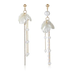 kruckel peach blossom floral long drop dangling earrings - golden studs with white pearls, jewelry for women,easy - wear fashion design accesory packed with durable jewelry box