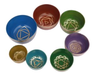 khusi tibetan singing bowl set of 7, handmade, 7 colors singing bowl, chakra healing, relaxation, stress relief and spiritual singing bowl, comes w/silk cushions, 4 sticks and brocade box