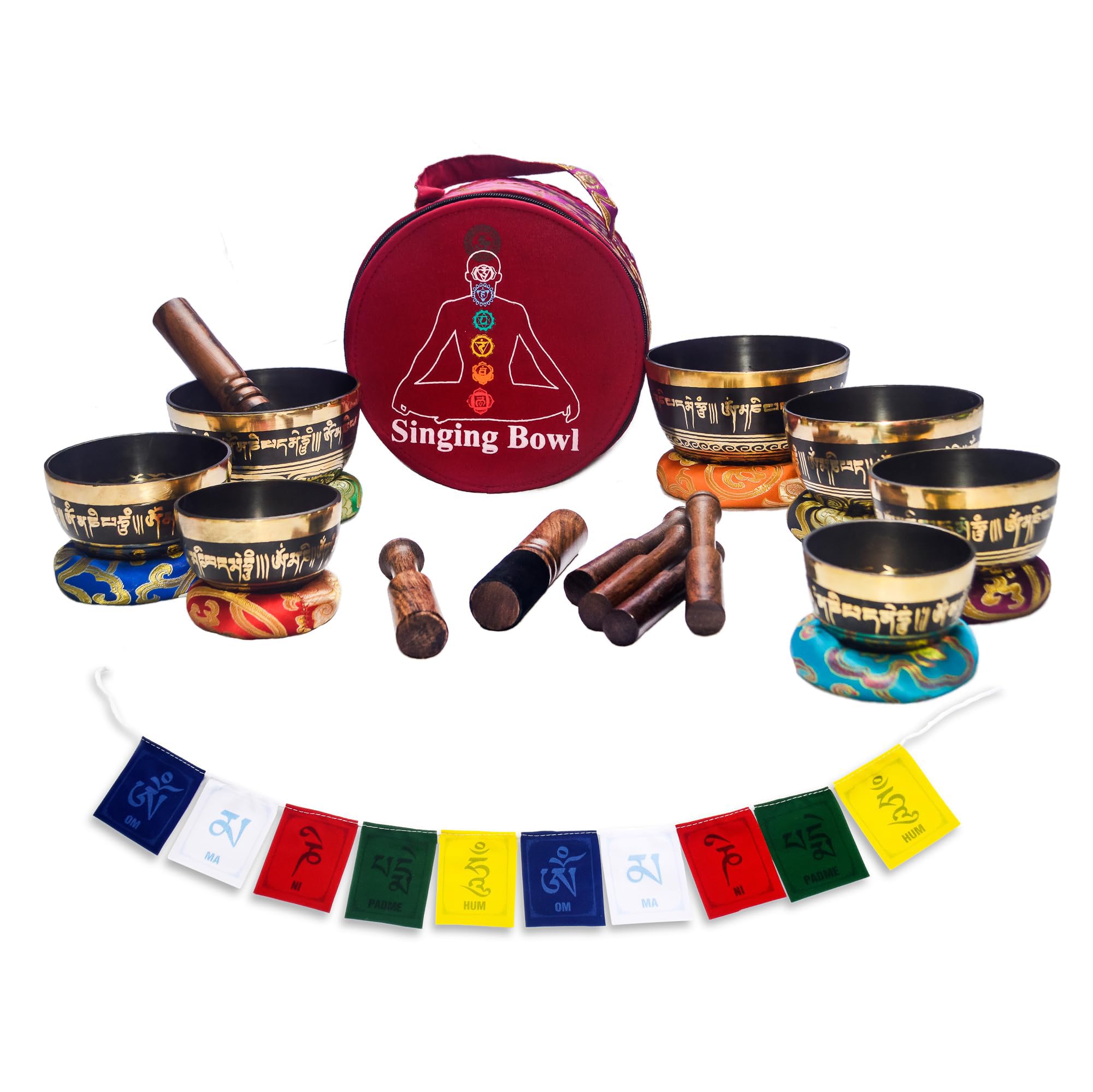 KHUSI Tibetan Singing Bowl Set of 7, Thadobati, Handcrafted, Mantra Engraved Singing Bowl for Yoga, Chakra healing, Relaxation, Stress Relief, Comes w/silk cushions, 7 sticks, Brocade Box