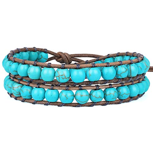 KELITCH 6mm Turquoise Beads 2 Wrap Bracelets Natural Crystal Stone Beaded Bracelet Women Agate Leather Bracelets Bangles