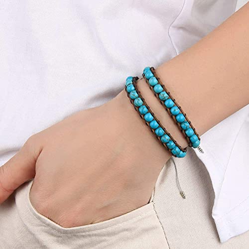 KELITCH 6mm Turquoise Beads 2 Wrap Bracelets Natural Crystal Stone Beaded Bracelet Women Agate Leather Bracelets Bangles