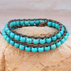 KELITCH 6mm Turquoise Beads 2 Wrap Bracelets Natural Crystal Stone Beaded Bracelet Women Agate Leather Bracelets Bangles