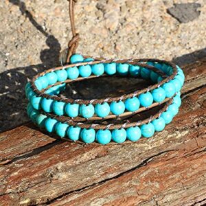 KELITCH 6mm Turquoise Beads 2 Wrap Bracelets Natural Crystal Stone Beaded Bracelet Women Agate Leather Bracelets Bangles