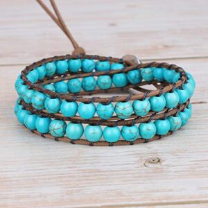 KELITCH 6mm Turquoise Beads 2 Wrap Bracelets Natural Crystal Stone Beaded Bracelet Women Agate Leather Bracelets Bangles