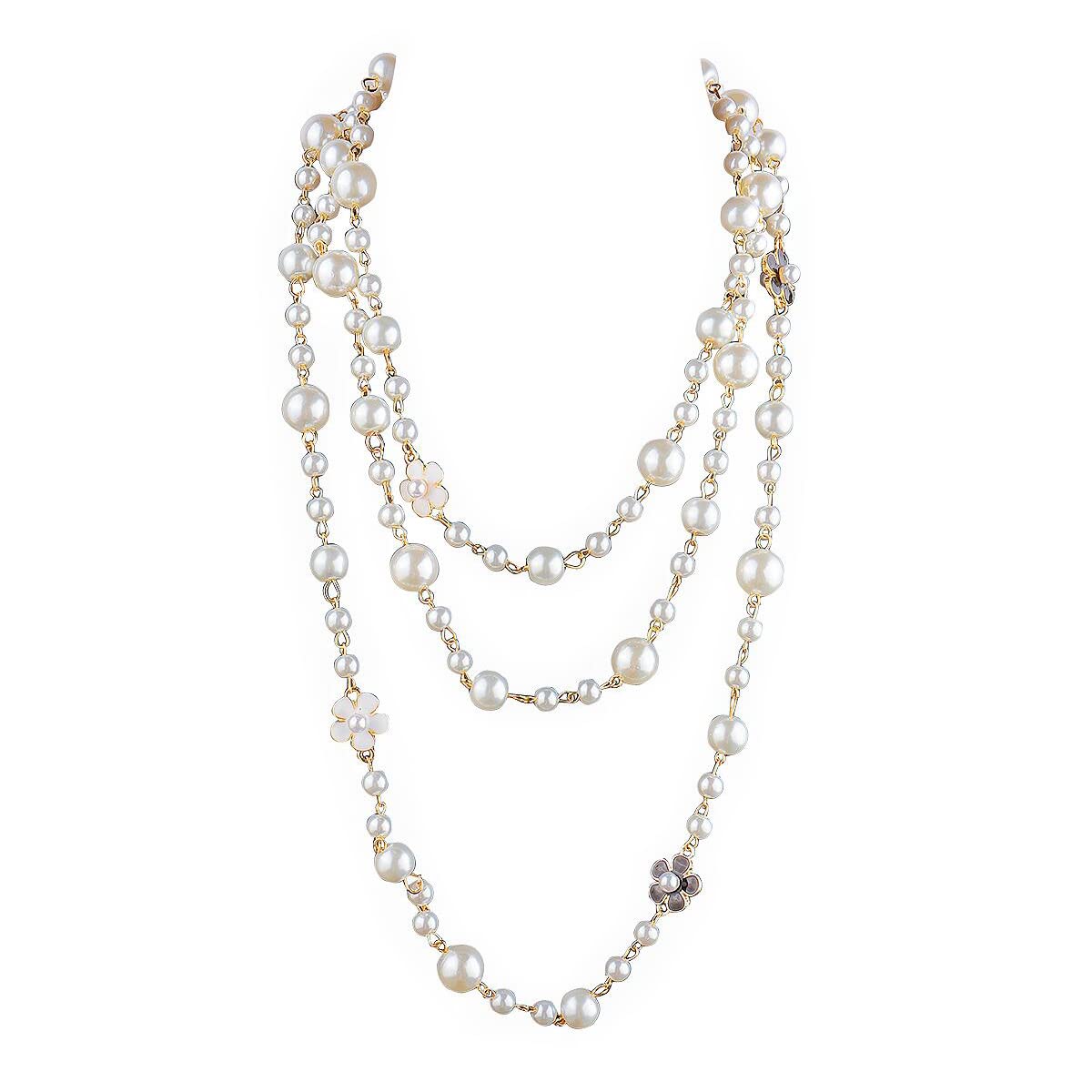 Imitation Pearl Necklace Hollow flowers layered Necklace (White)