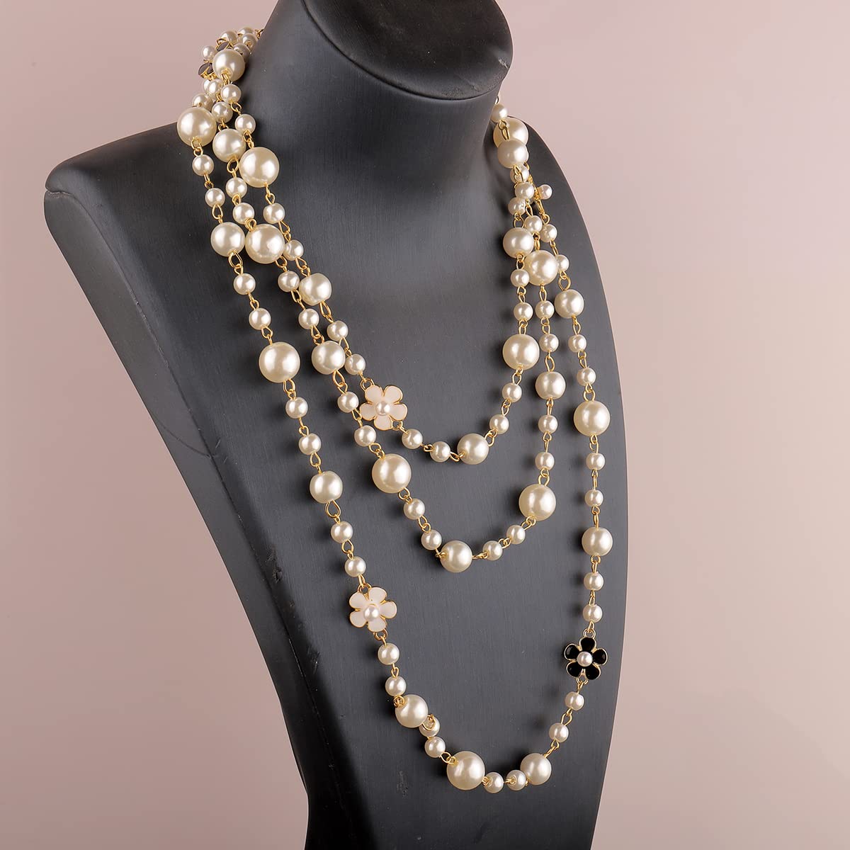 Imitation Pearl Necklace Hollow flowers layered Necklace (White)