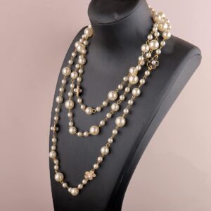 Imitation Pearl Necklace Hollow flowers layered Necklace (White)