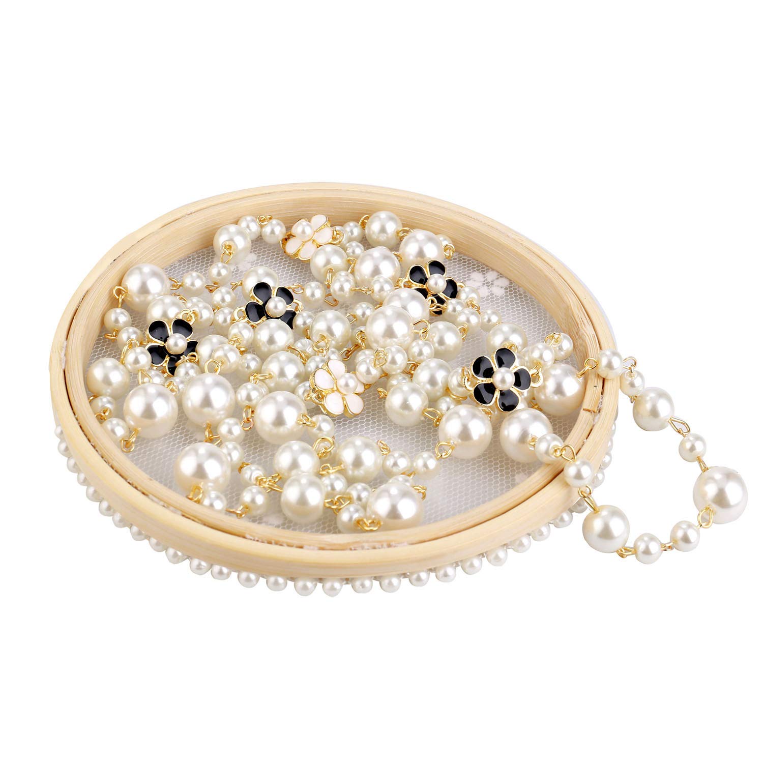 Imitation Pearl Necklace Hollow flowers layered Necklace (White)