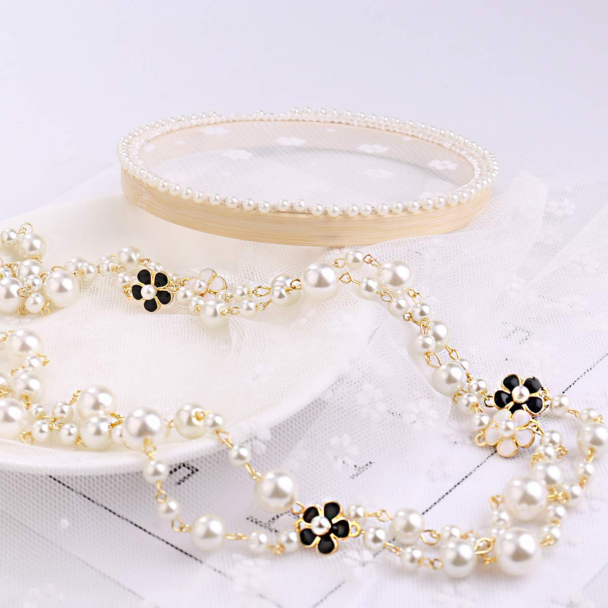 Imitation Pearl Necklace Hollow flowers layered Necklace (White)