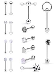 scerring 14g tongue rings stainless steel rose skull heart cheek tongue nipple ring body piercing jewelry retainer 16pcs silver