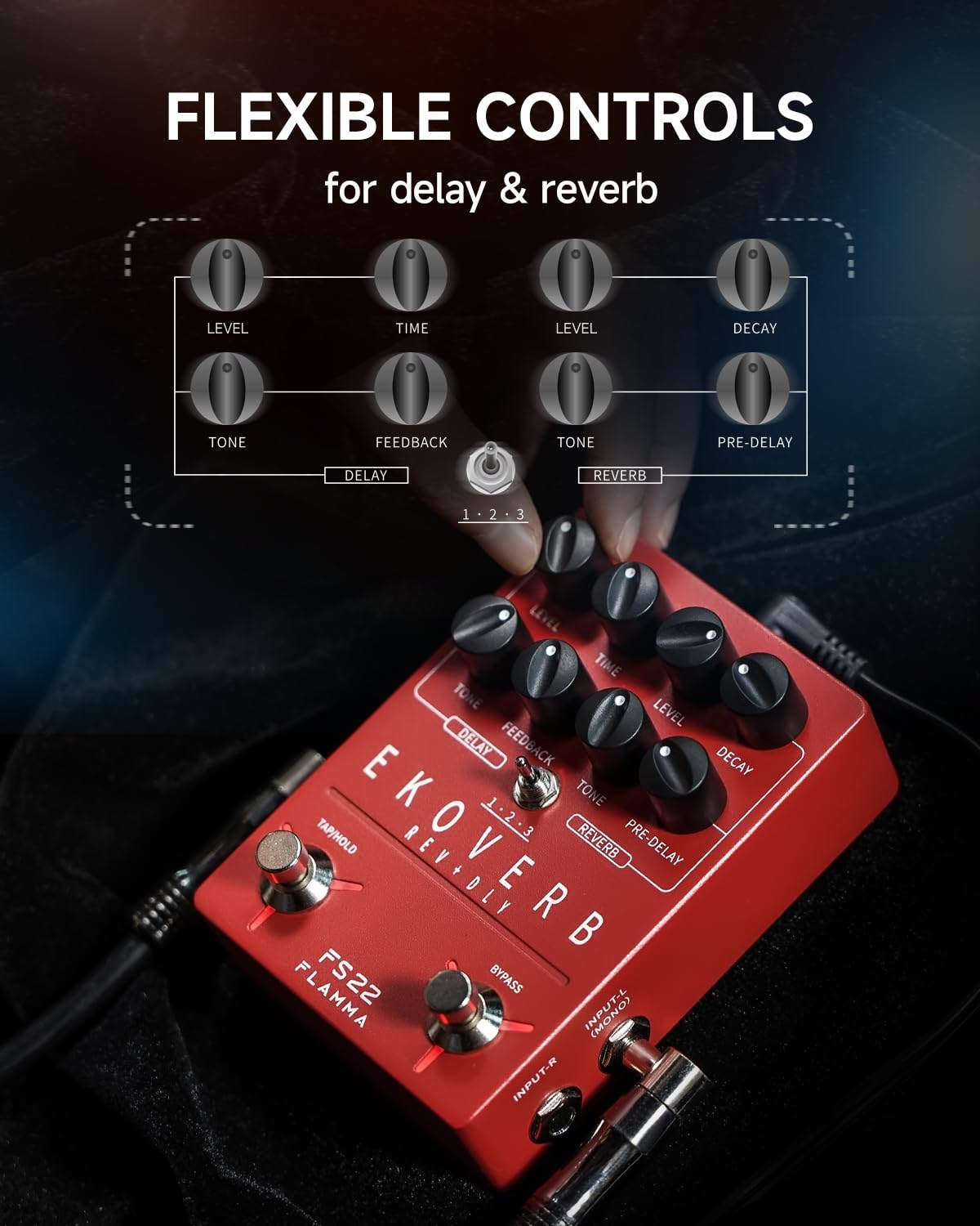 FLAMMA FS22 Stereo Delay & Reverb Combo Effects Pedal Ambient Guitar Pedal with 3 Pairs Combo Effects Reverse Delay Shimmer Reverb Tap Tempo Freeze Trail On Function