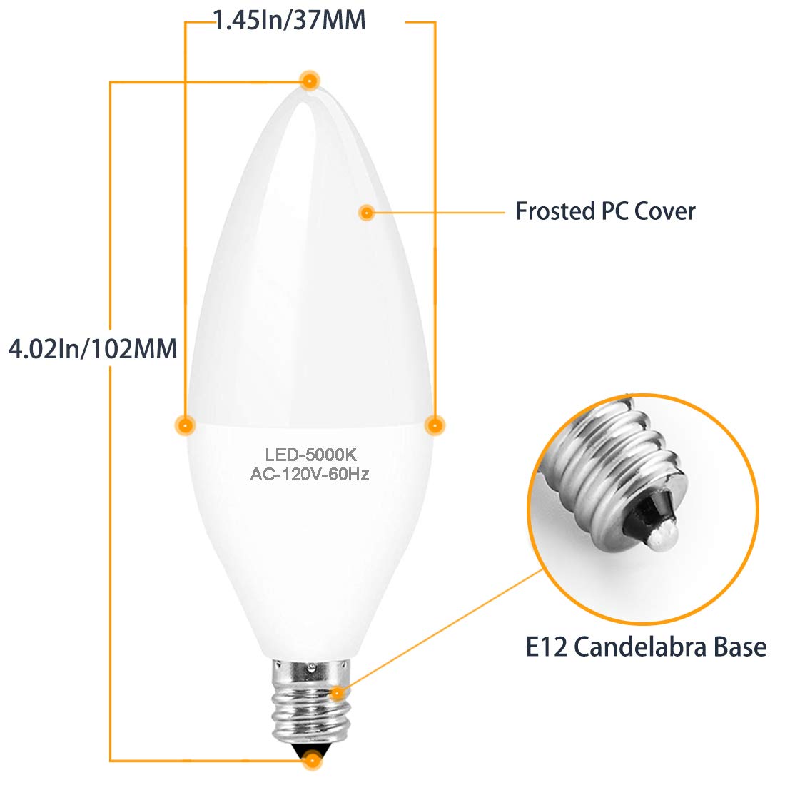 White Pigeon 4watt LED Candle Light Bulbs 40W Equivalent - 5000K Dimmable 4W B11 LED Chandelier Lightbulbs,Daylight E12 Candelabra Base 400 Lumens 120V, Pack of 6