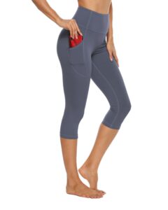 stelle womens high waisted legging yoga pants with pockets for gym workout (cotton like softness-grey blue, medium)