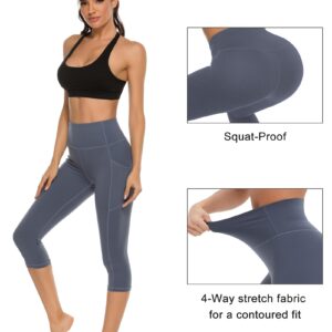 Stelle Womens High Waisted Legging Yoga Pants with Pockets for Gym Workout (Cotton Like Softness-Grey Blue, Medium)